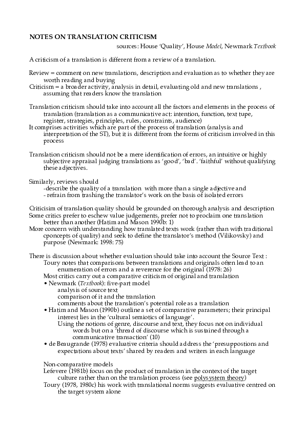 (PDF) Notes On Translation Criticism