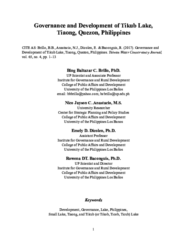 (PDF) Governance and Development of Tikub Lake, Tiaong, Quezon, Philippines