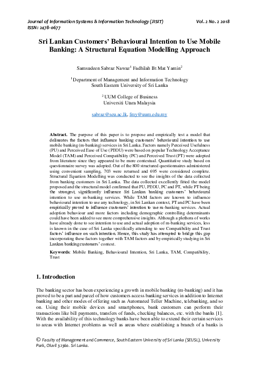 (PDF) Sri Lankan Customers' Behavioural Intention to Use Mobile Banking: A Structural Equation ...