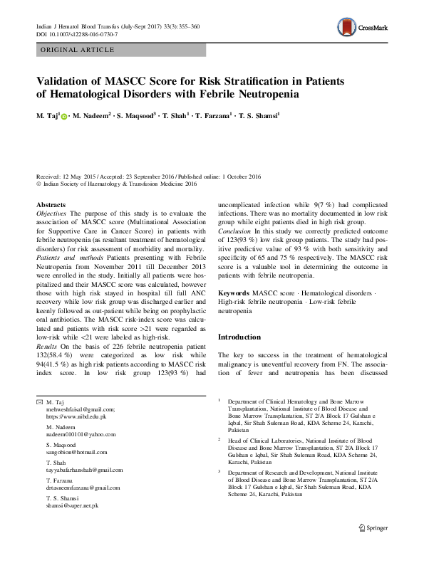 (PDF) Validation of MASCC Score for Risk Stratification in Patients of ...