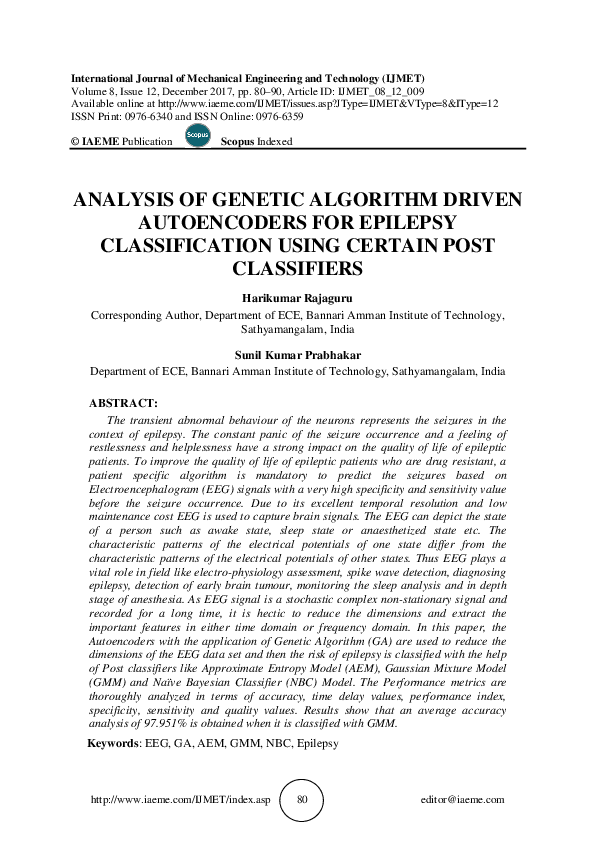 Pdf Analysis Of Genetic Algorithm Driven Autoencoders For Epilepsy Classification Using