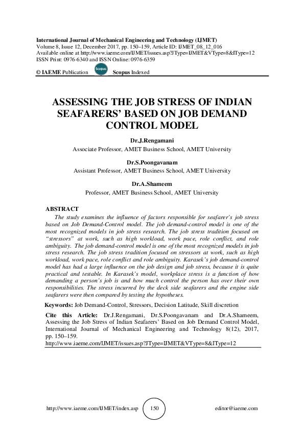 (PDF) ASSESSING THE JOB STRESS OF INDIAN SEAFARERS' BASED ON JOB DEMAND ...