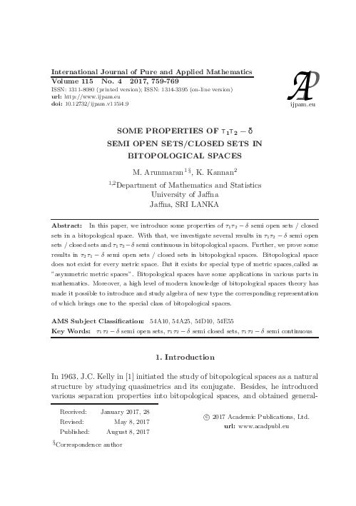 Pdf Properties Of τ1τ2−δ Semi Openclosed Sets In Bitopological Spaces