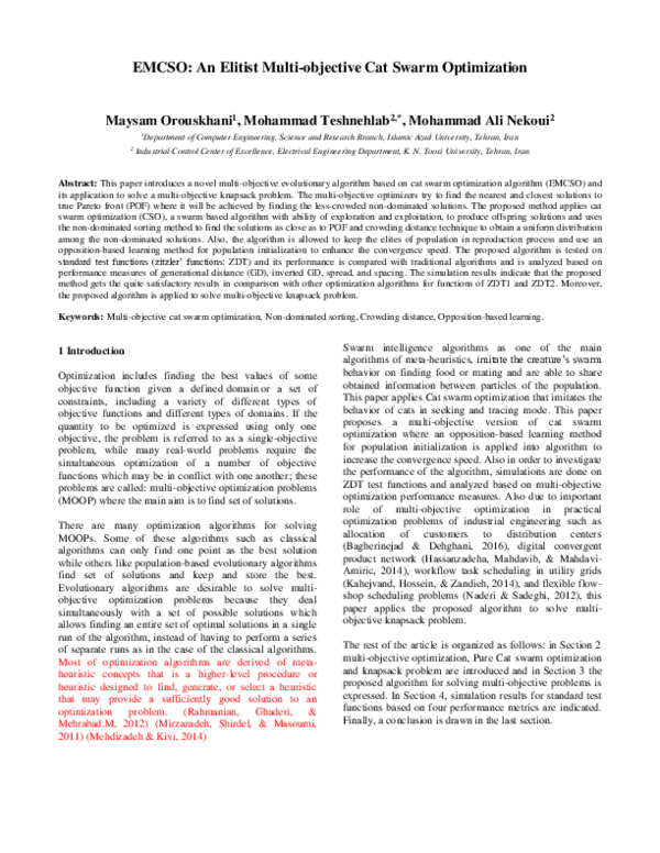 Pdf Emcso An Elitist Multi Objective Cat Swarm Optimization Maysam Orouskhani