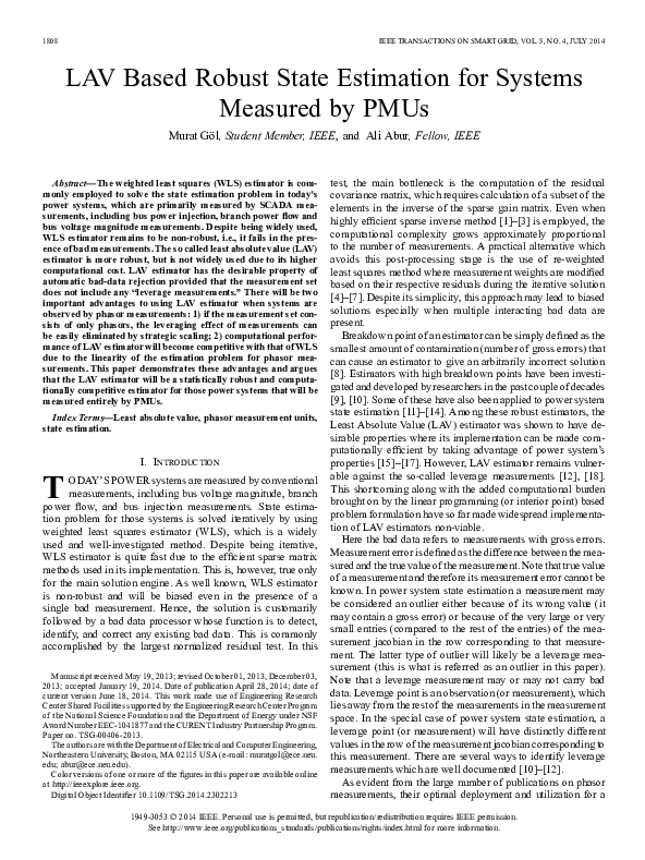 Pdf Lav Based Robust State Estimation For Systems Measured By Pmus