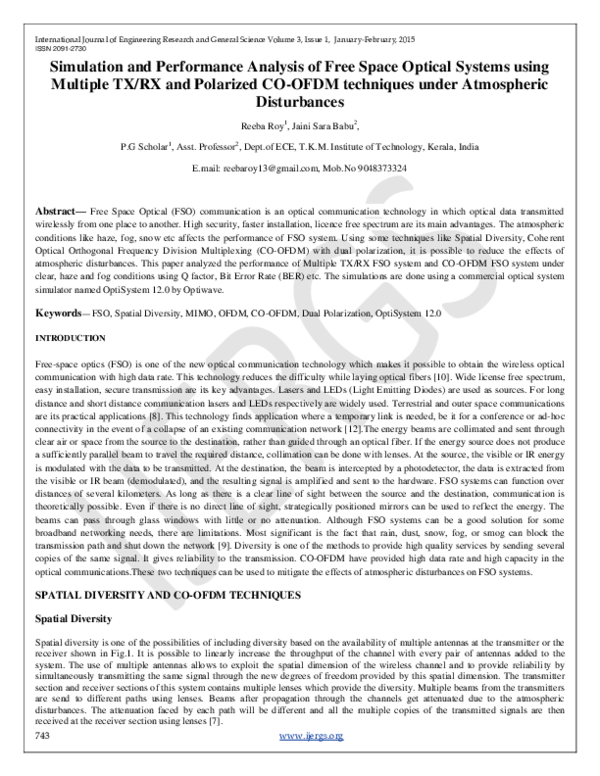 Pdf Simulation And Performance Analysis Of Free Space Optical Systems Using Multiple Txrx And