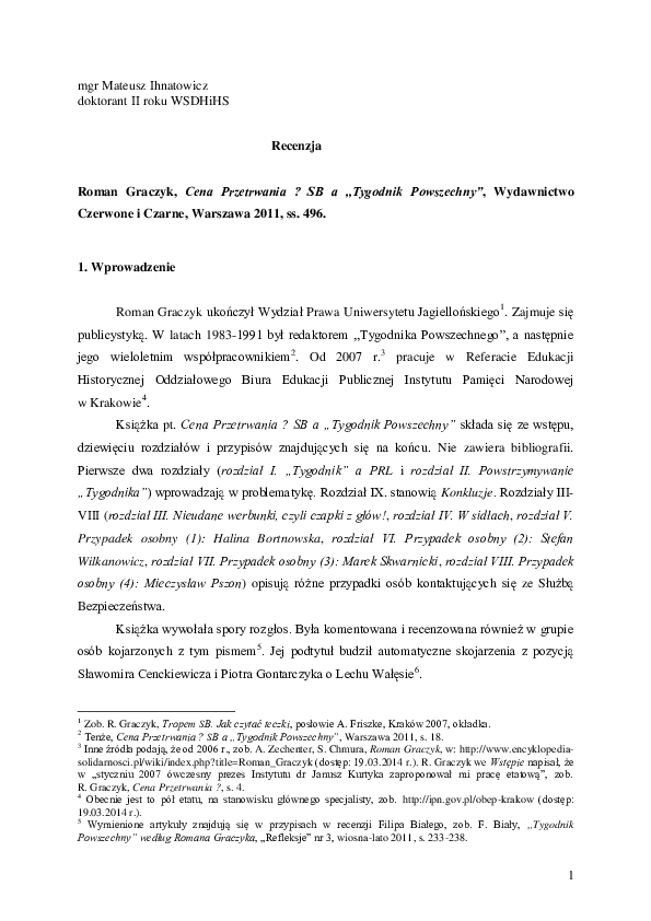 (PDF) [Rec.] Roman Graczyk, Cena Przetrwania ? SB a ,,Tygodnik ...