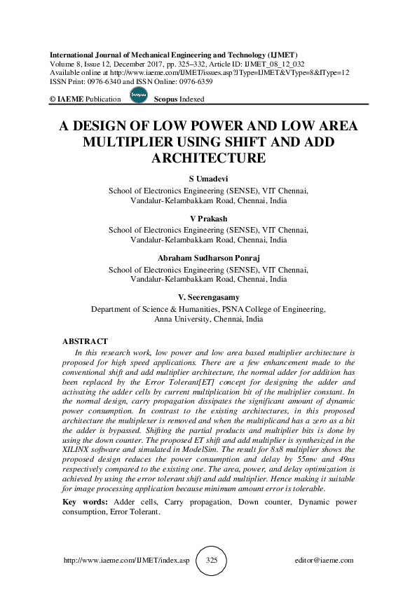 Pdf A Design Of Low Power And Low Area Multiplier Using Shift And Add Architecture