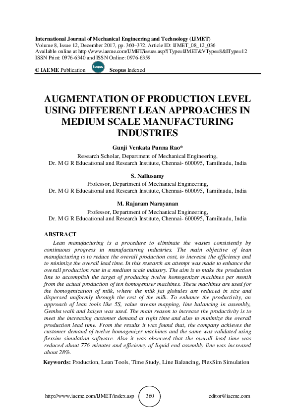 (PDF) AUGMENTATION OF PRODUCTION LEVEL USING DIFFERENT LEAN APPROACHES ...