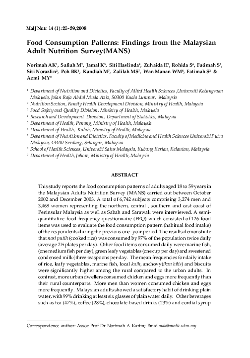(PDF) Food Consumption Patterns: Findings from the Malaysian Adult Nutrition Survey (MANS)