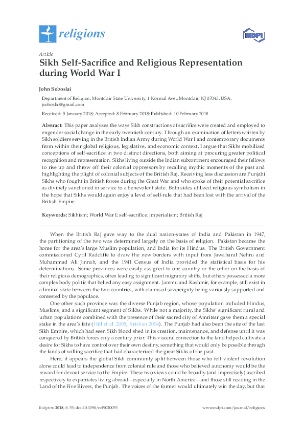 (PDF) Sikh Self-Sacrifice and Religious Representation During World War I