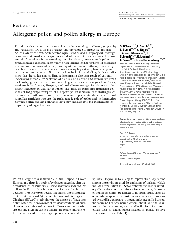 (PDF) Allergenic pollen and pollen allergy in Europe
