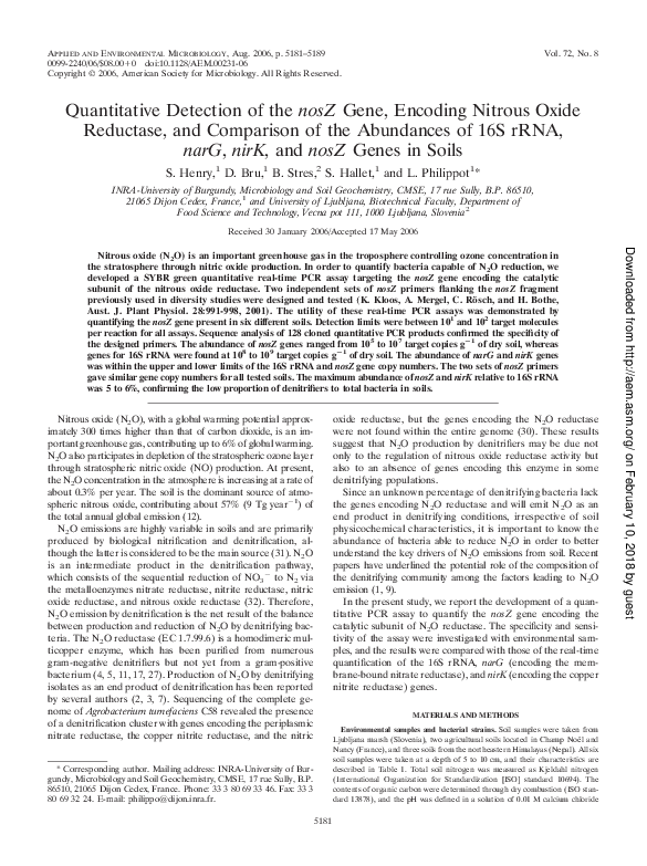 Pdf Quantitative Detection Of The Nosz Gene Encoding Nitrous Oxide