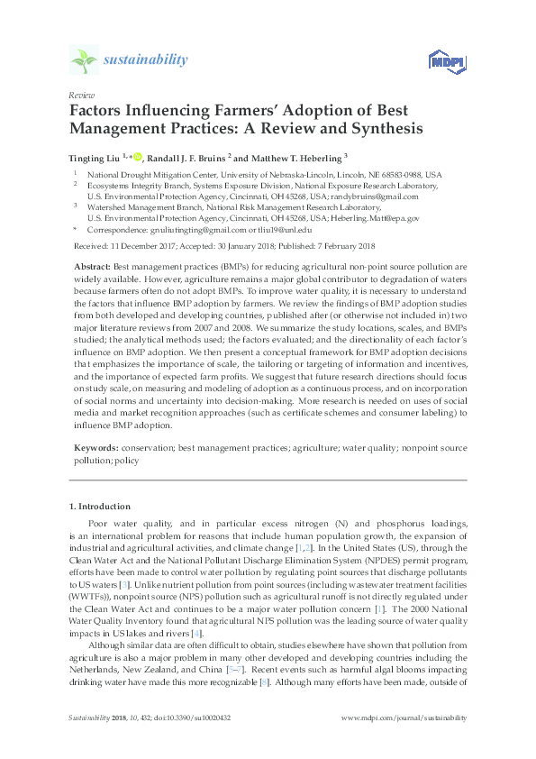 (PDF) Factors Influencing Farmers’ Adoption of Best Management Practices: A Review and Synthesis