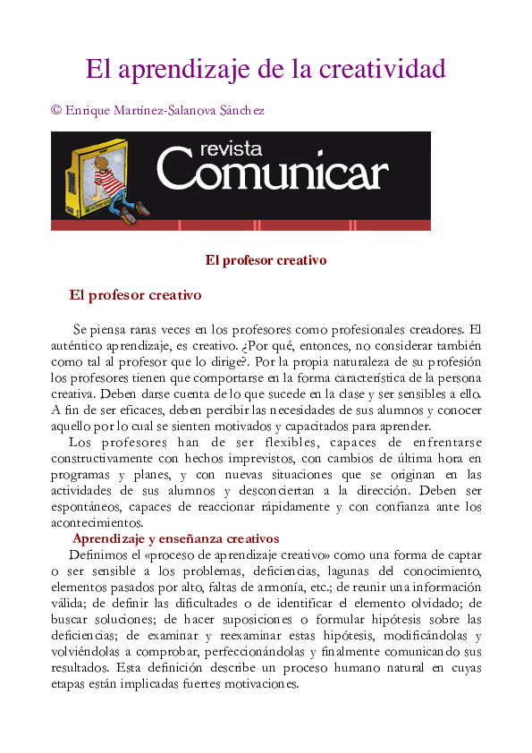 (PDF) El aprendizaje de la creatividad El profesor creativo