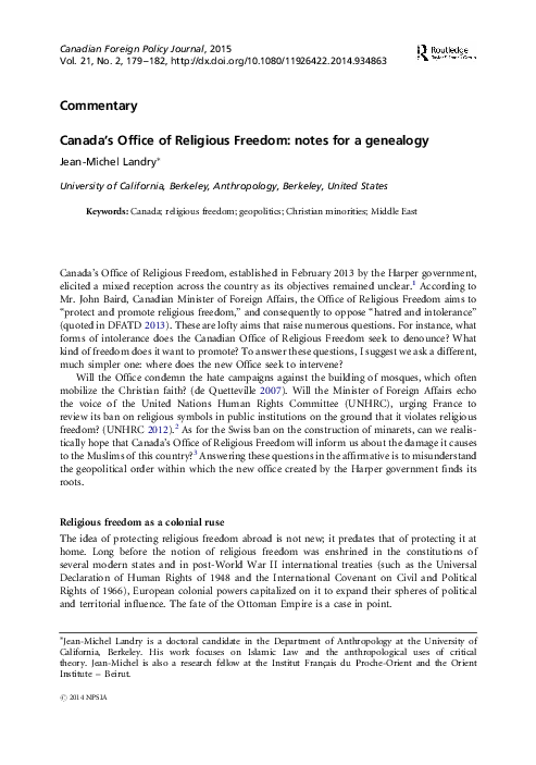 (PDF) Canada's Office of Religious Freedom: Notes for a Genealogy