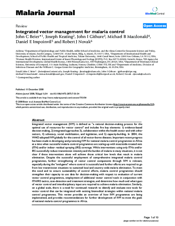 (PDF) Integrated vector management for malaria control