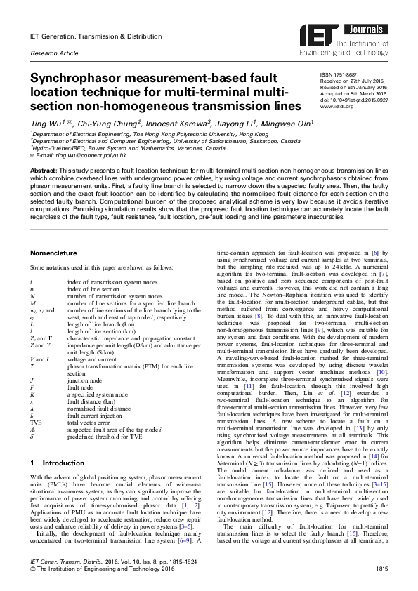 Pdf Synchrophasor Measurement Based Fault Location Technique For Multi Terminal Multi Section