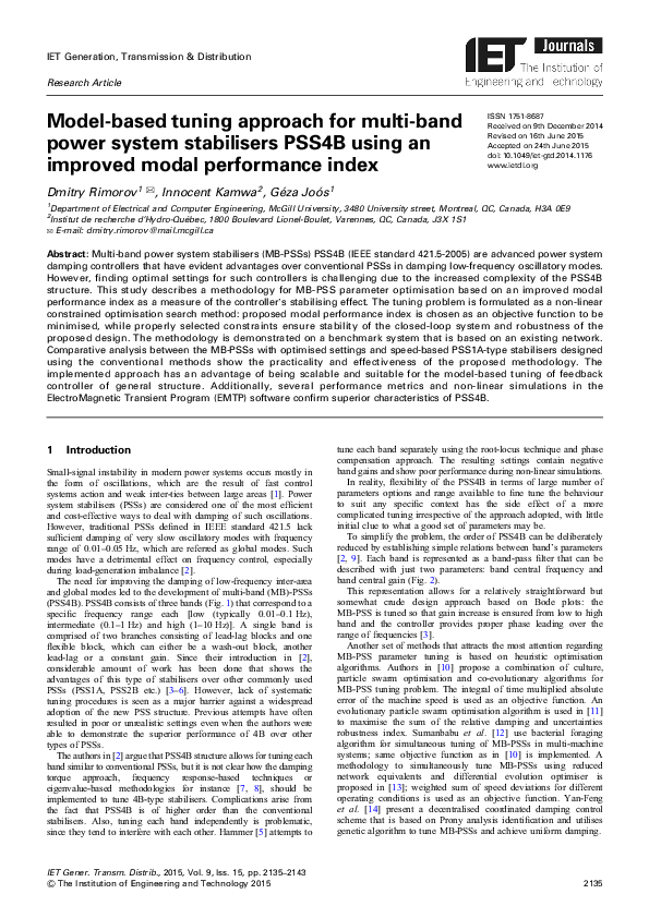 (PDF) Model-based tuning approach for multi-band power system stabilisers PSS4B using an ...