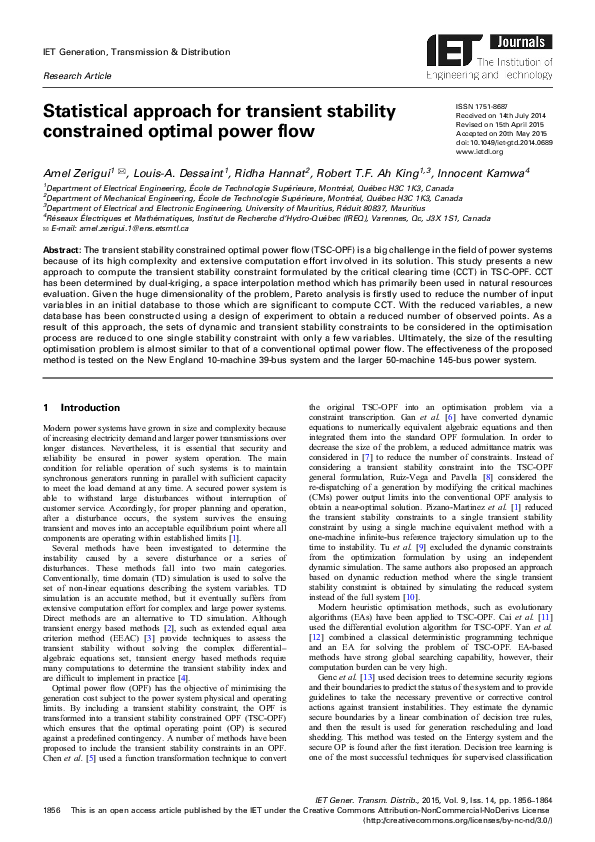 (PDF) Statistical approach for transient stability constrained optimal power flow