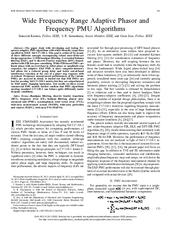 (PDF) Wide Frequency Range Adaptive Phasor and Frequency PMU Algorithms
