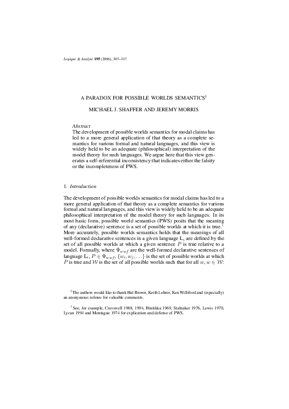(PDF) A Paradox for Possible Worlds Semantics