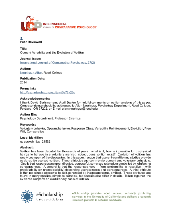 (PDF) Operant Variability and the Evolution of Volition | Allen ...