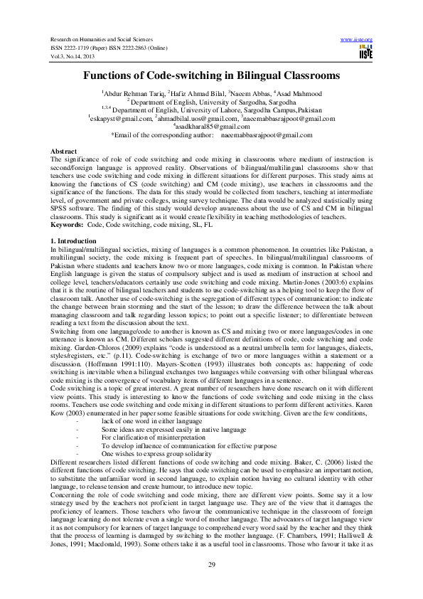 Pdf Functions Of Code Switching In Bilingual Classrooms