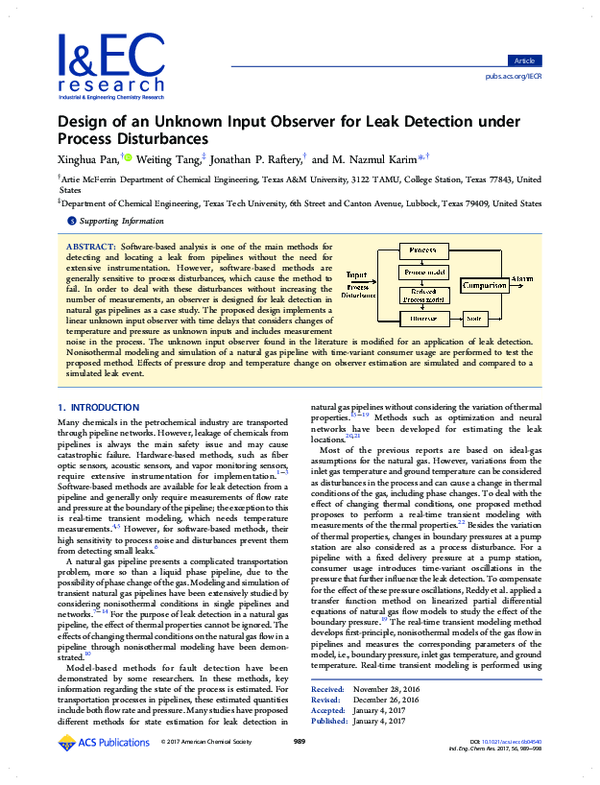 (PDF) Design of an Unknown Input Observer for Leak Detection under Process Disturbances