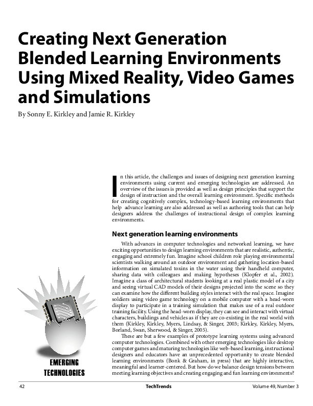 (PDF) Creating next generation blended learning environments using mixed reality, video games ...