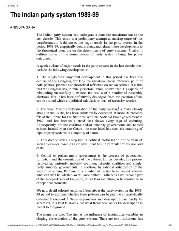 (PDF) The Indian party system 1989