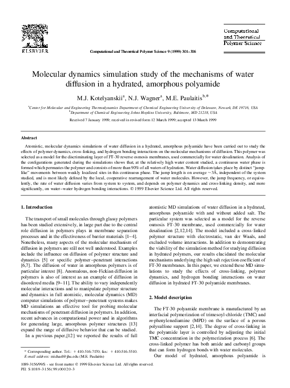 (PDF) Molecular dynamics simulation study of the mechanisms of water diffusion in a hydrated ...