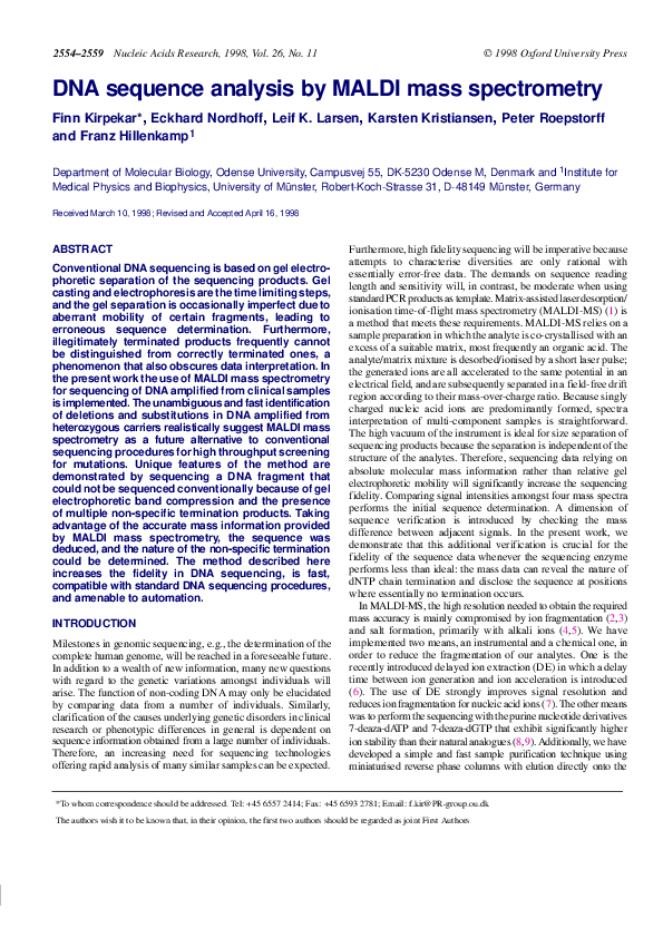 (PDF) DNA sequence analysis by MALDI mass spectrometry