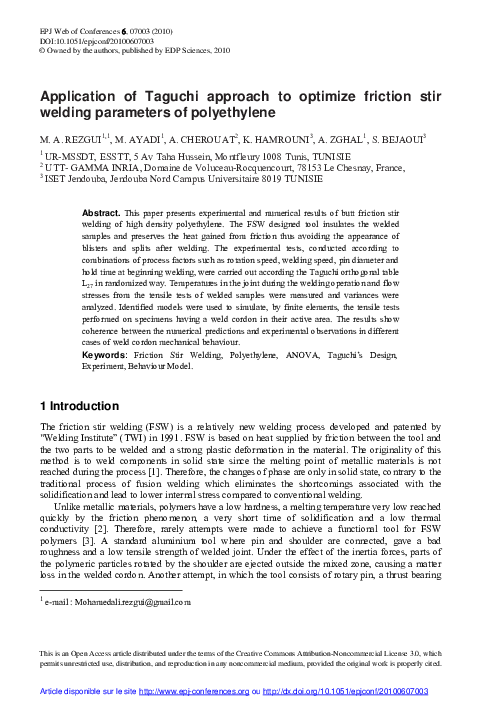Pdf Application Of Taguchi Approach To Optimize Friction Stir Welding Parameters Of Polyethylene