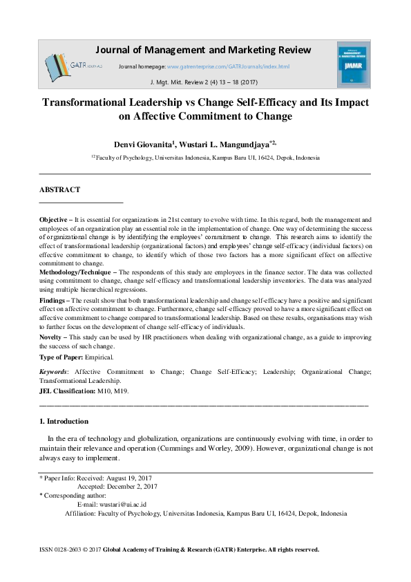 (PDF) Transformational Leadership vs Change Self-Efficacy and Its Impact on Affective Commitment ...