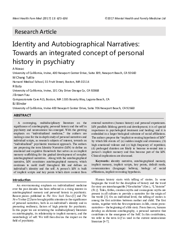 (PDF) Identity and Autobiographical Narratives: Towards an integrated ...