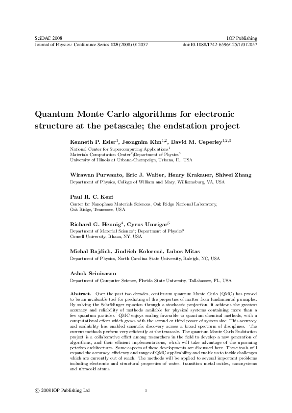 (PDF) Quantum Monte Carlo algorithms for electronic structure at the petascale; the Endstation ...