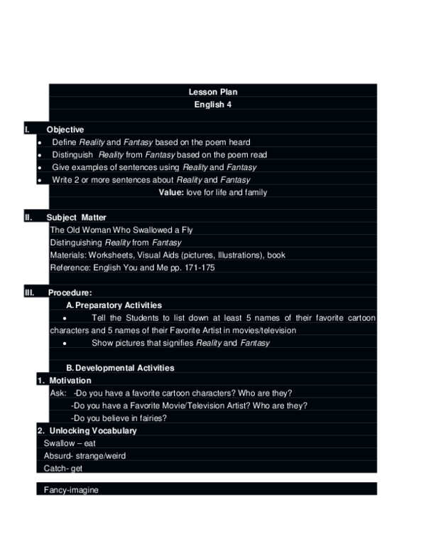(DOC) LESSON PLAN GRADE IV: REALITY AND FANTASY