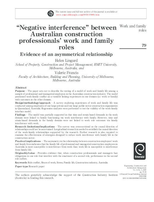 (PDF) " Negative interference " between Australian construction professionals' work and family ...