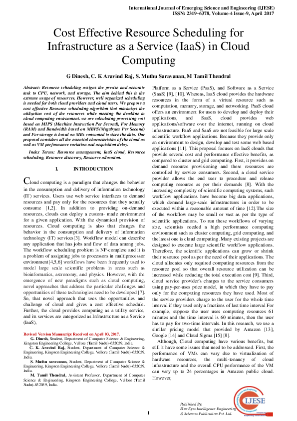 (PDF) Cost Effective Resource Scheduling for Infrastructure as a Service (IaaS) in Cloud Computing