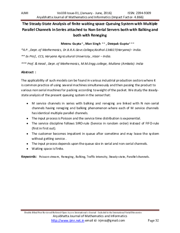 Pdf The Steady State Analysis Of Finite Waiting Space Queuing System With Multiple Parallel