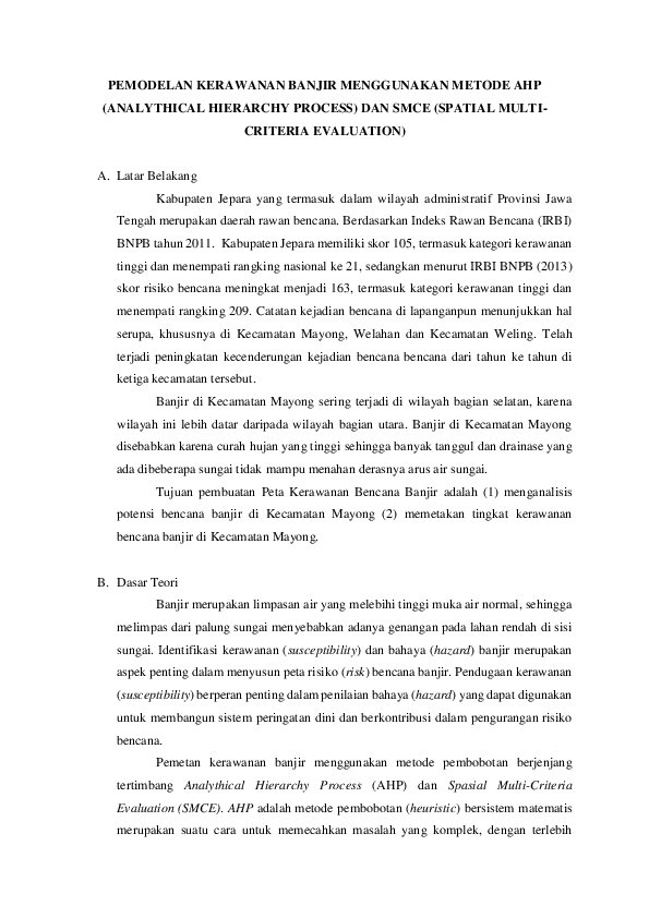 (PDF) PEMODELAN KERAWANAN BANJIR MENGGUNAKAN METODE AHP (ANALYTHICAL ...