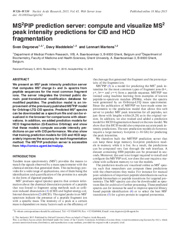 (PDF) MS2PIP prediction server: compute and visualize MS2 peak intensity predictions for CID and ...