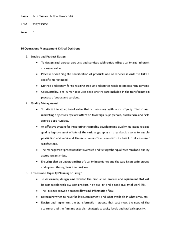 (DOC) Operations Management Critical Decisions