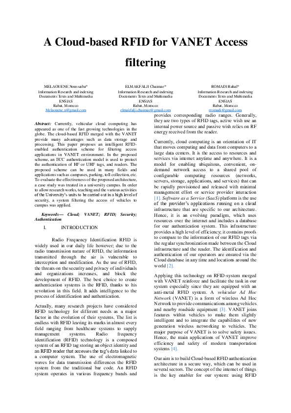 (PDF) A Cloud-based RFID for VANET Access filtering