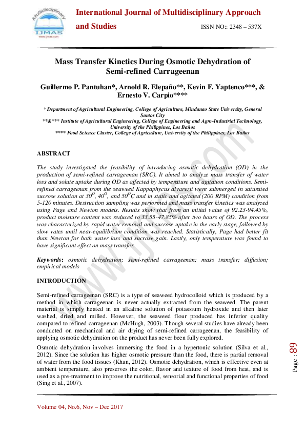 (PDF) Mass Transfer Kinetics During Osmotic Dehydration of Semi-refined Carrageenan