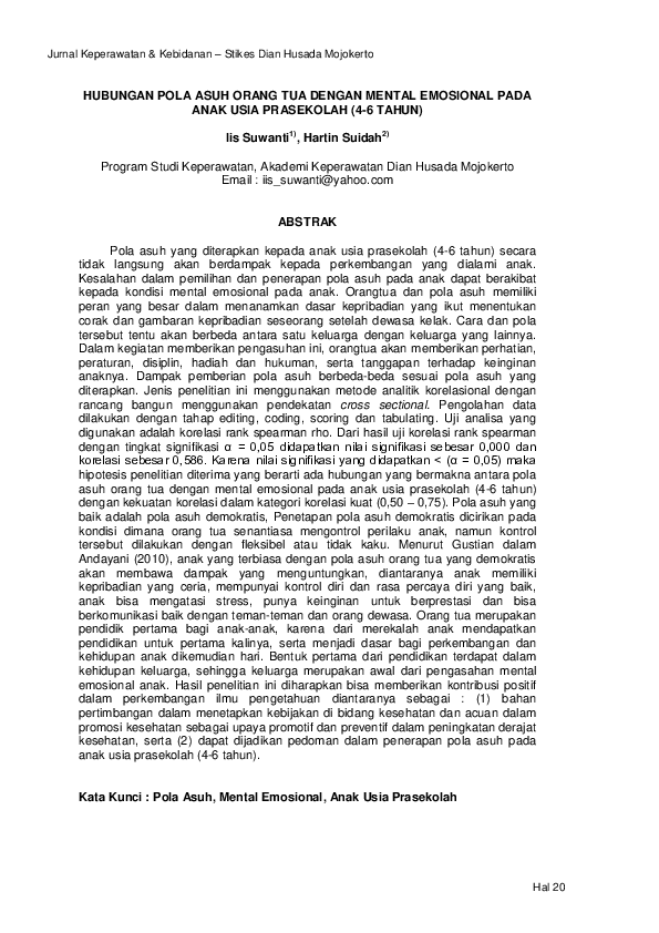 (PDF) HUBUNGAN POLA ASUH ORANG TUA DENGAN MENTAL EMOSIONAL PADA ANAK USIA PRASEKOLAH (4-6 TAHUN