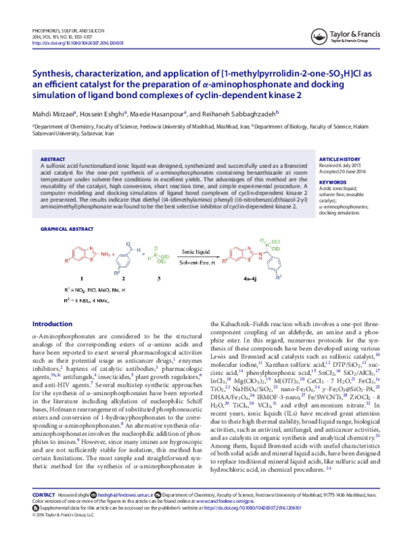 (PDF) Synthesis, characterization, and application of [ -methylpyrrolidin- -one-SO H]Cl as an ...