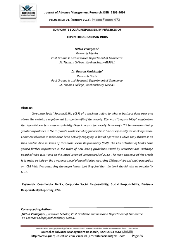 (PDF) CORPORATE SOCIAL RESPONSIBILITY PRACTICES OF COMMERCIAL BANKS IN INDIA