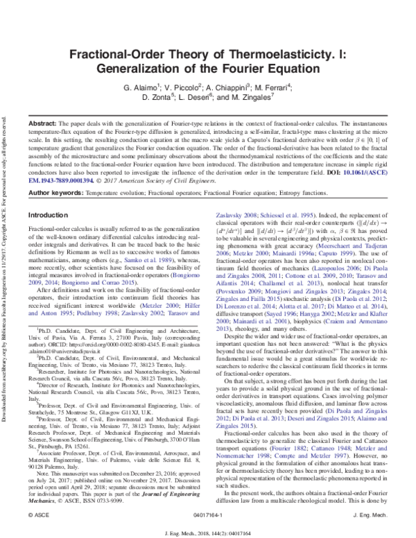 Pdf Fractional Order Theory Of Thermoelasticicty I Generalization